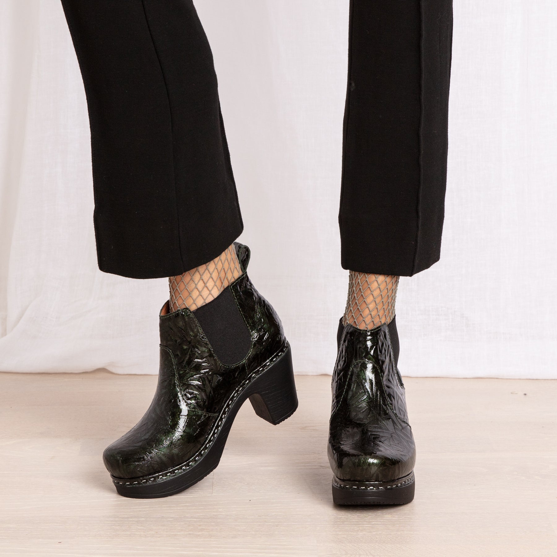 Calou Clogs | Doris Green embossed patent leather clog boot